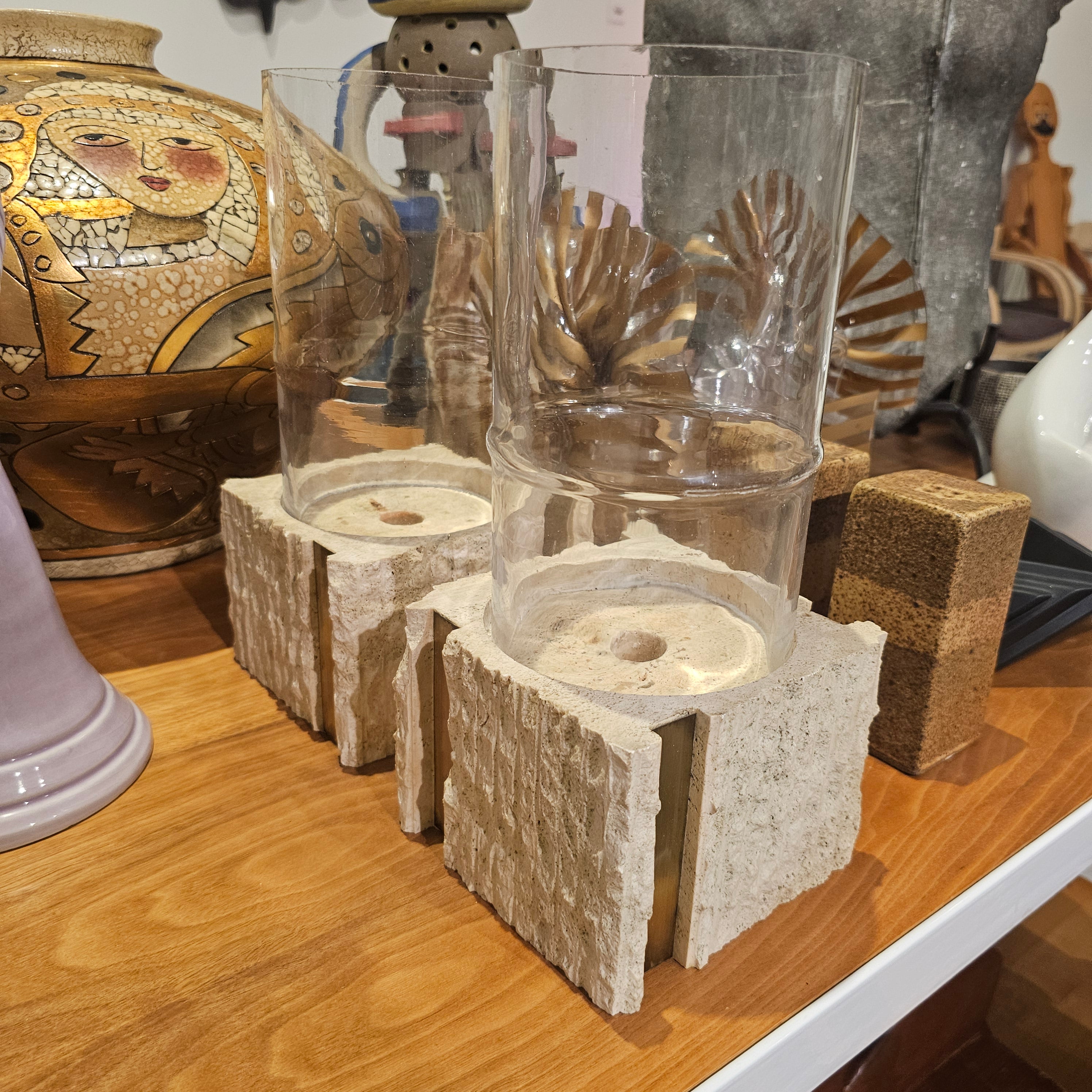 Pair of Vtg Travertine & Brass Hurricane Candle Holders – findfurnish